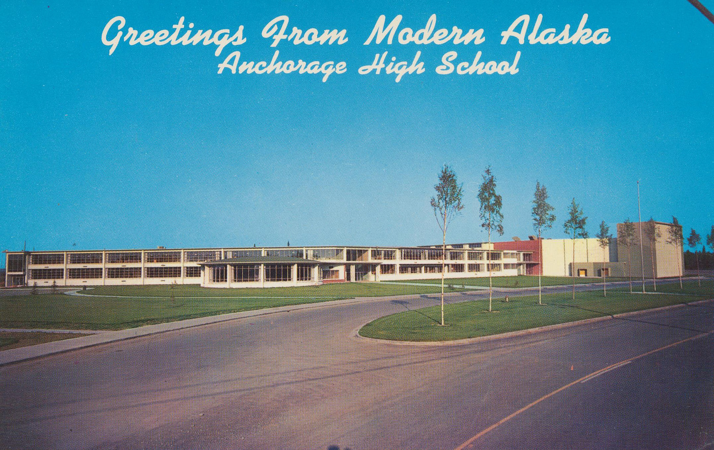Greetings from Modern Alaska: Anchorage High School postcard - Fonts In Use